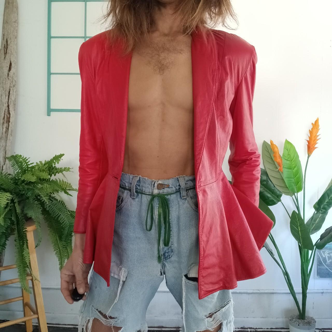 Vintage red leather architectural jacket / peplum... - Depop