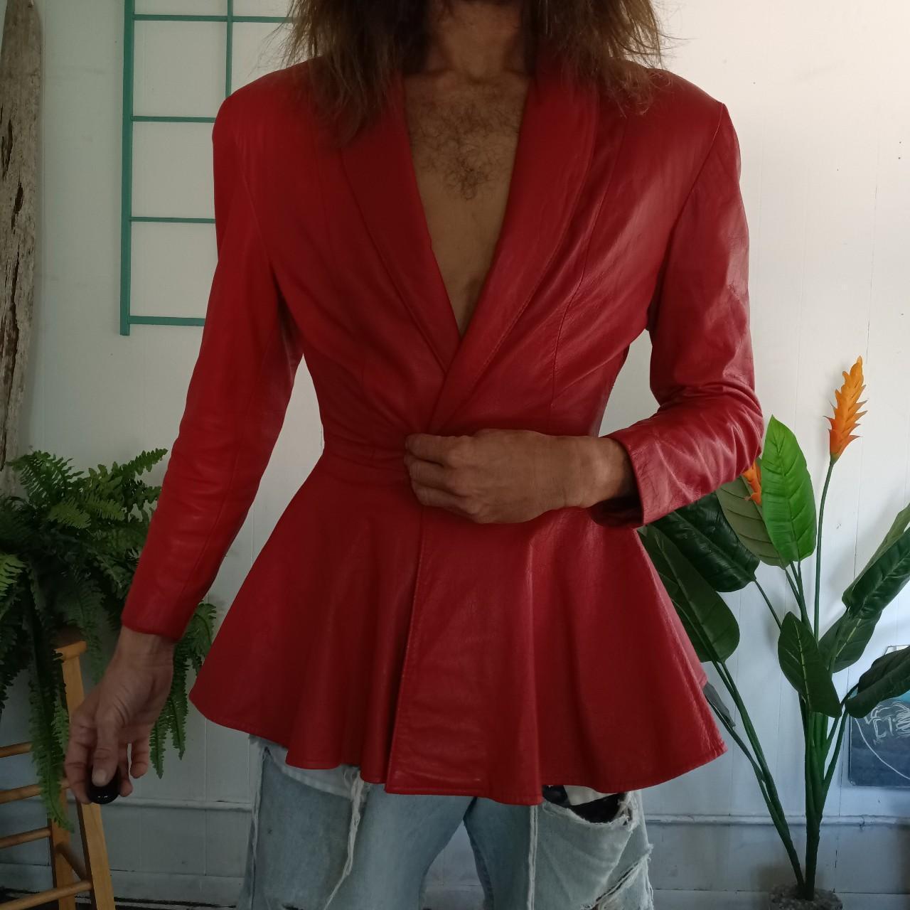 Vintage red leather architectural jacket / peplum... - Depop