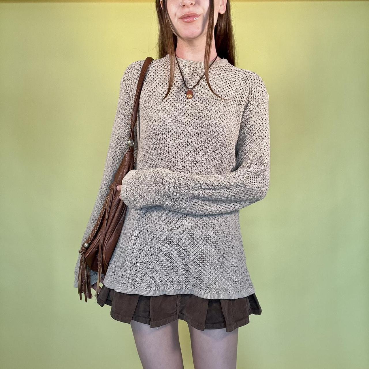classic earthy cream crochet/knit slinky sweater -... - Depop