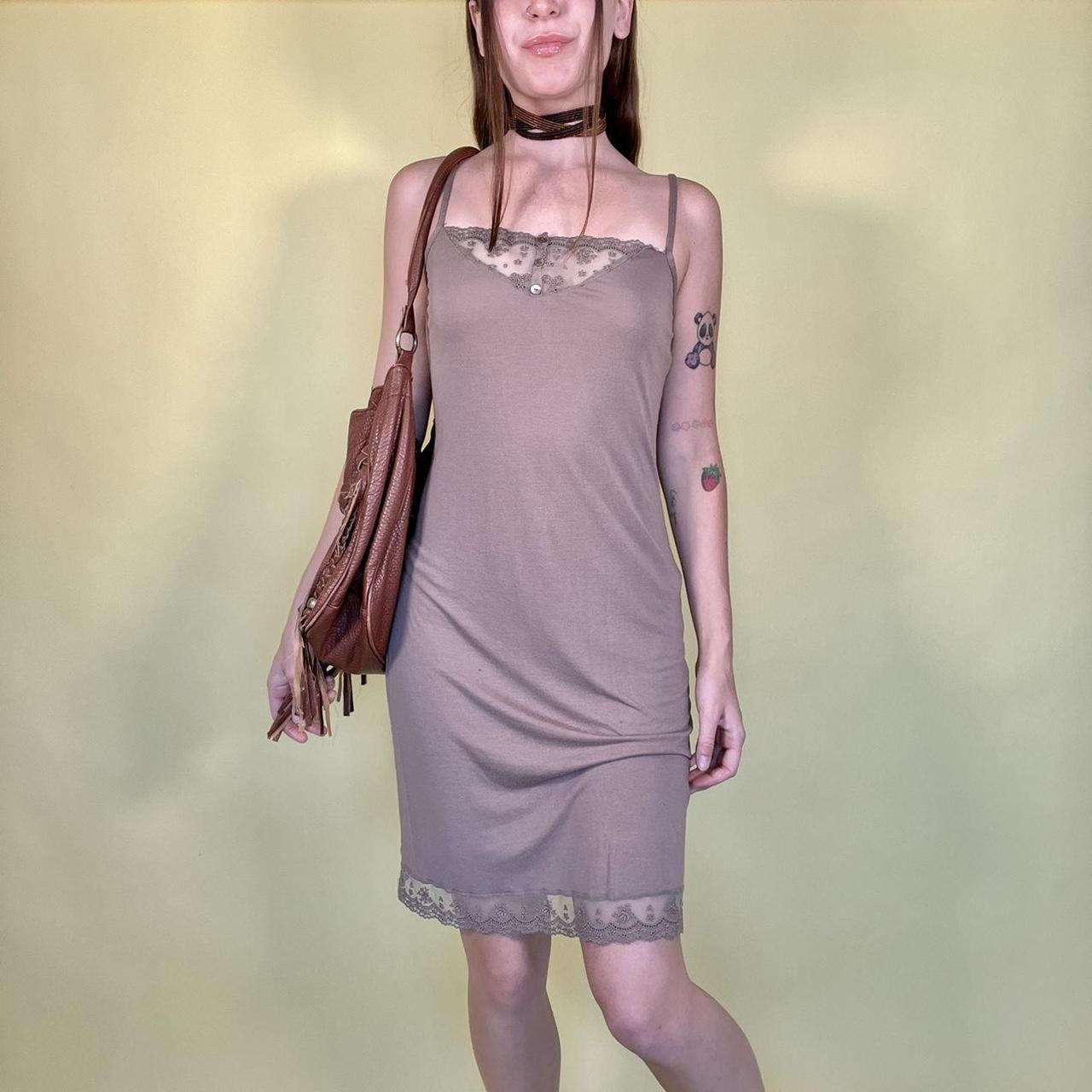 fun y2k earthy brown midi dress with floral lace... - Depop