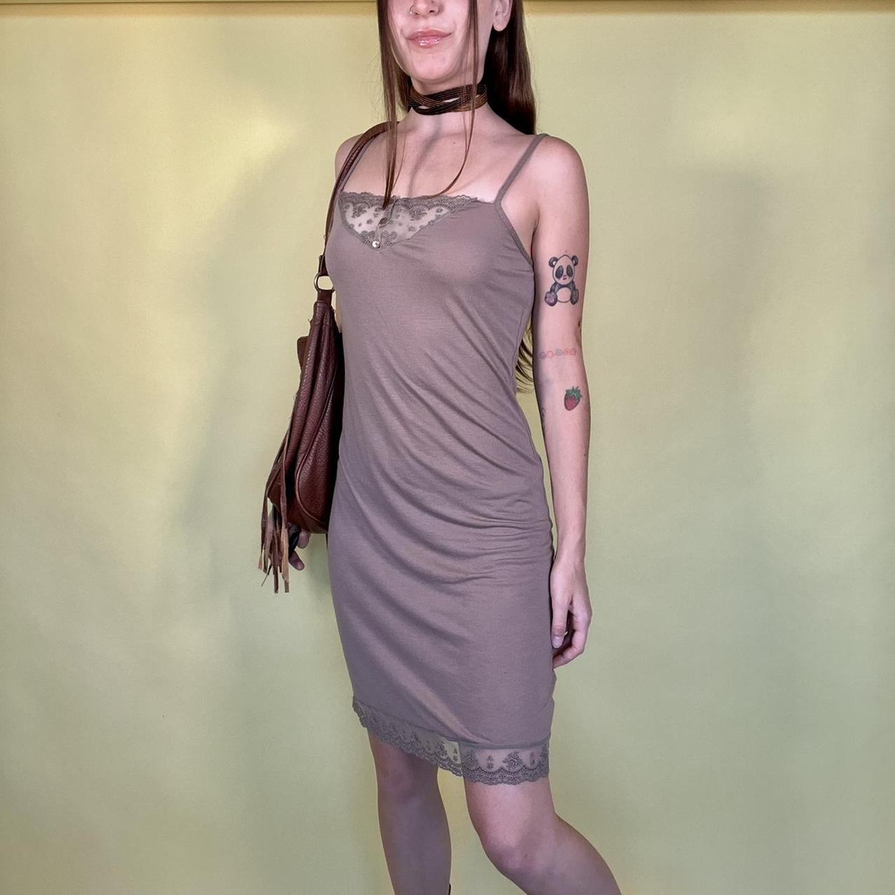 fun y2k earthy brown midi dress with floral lace... - Depop