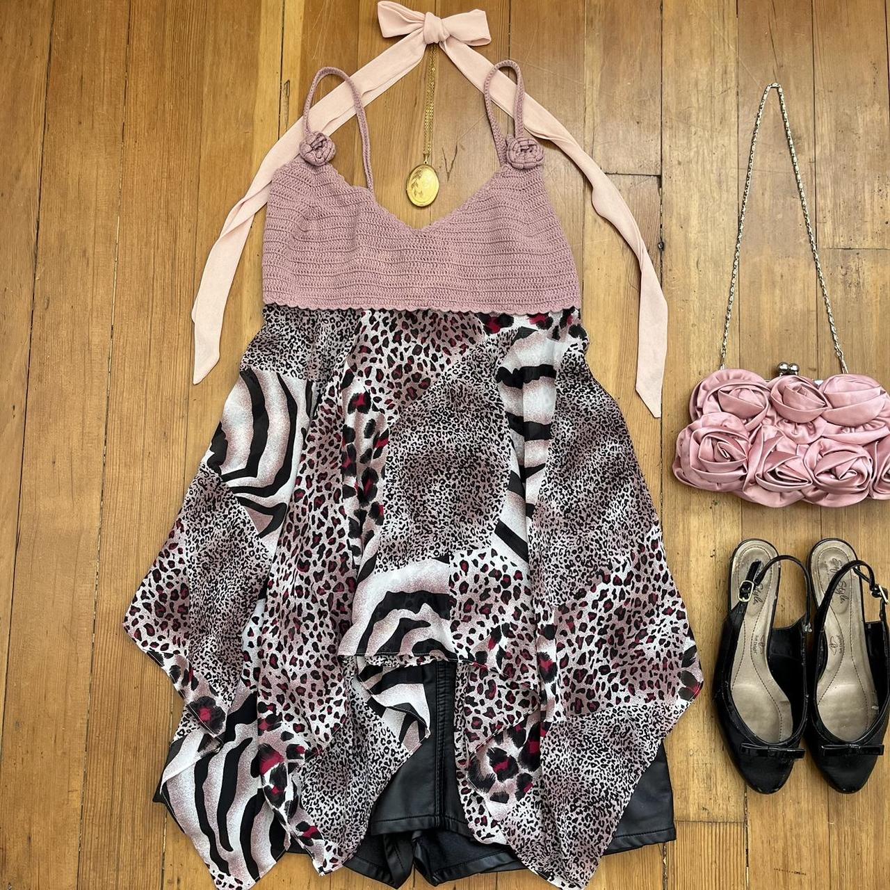 fun Y2K pink and black patchwork leopard print flowy... - Depop