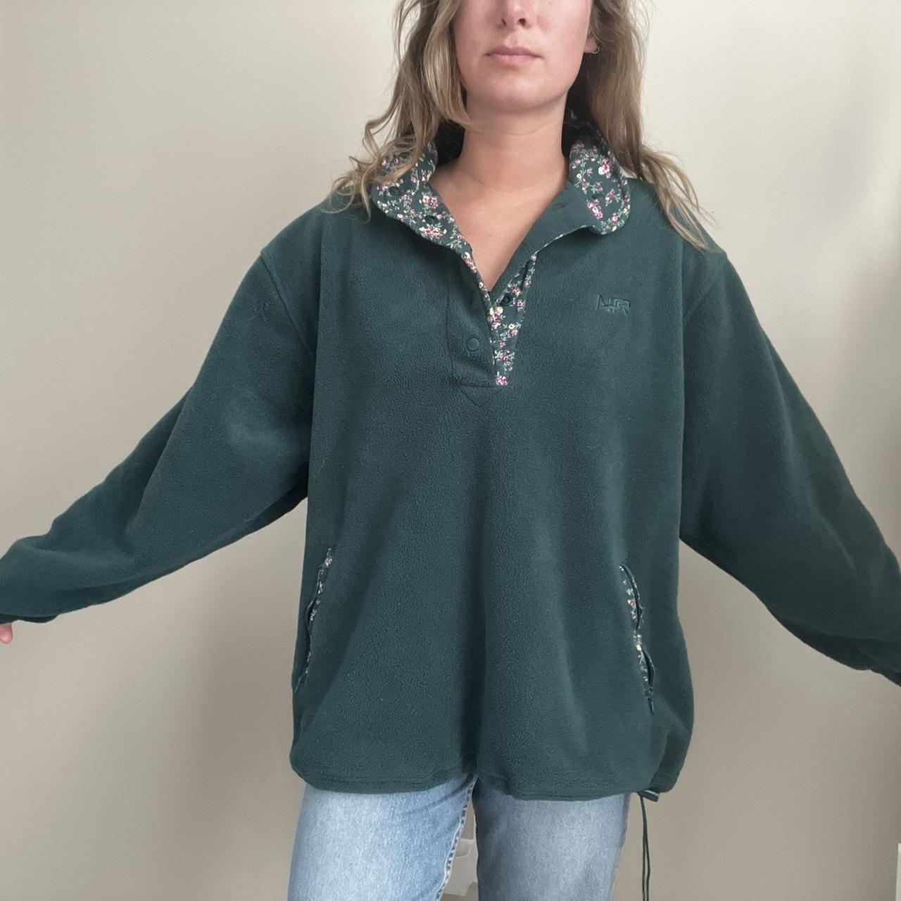 Forest green fleece pullover with some buttons at... - Depop