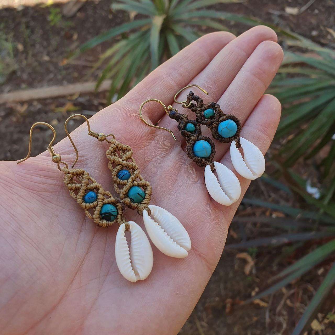 Macrame cowrie shell earrings::: Handmade... - Depop
