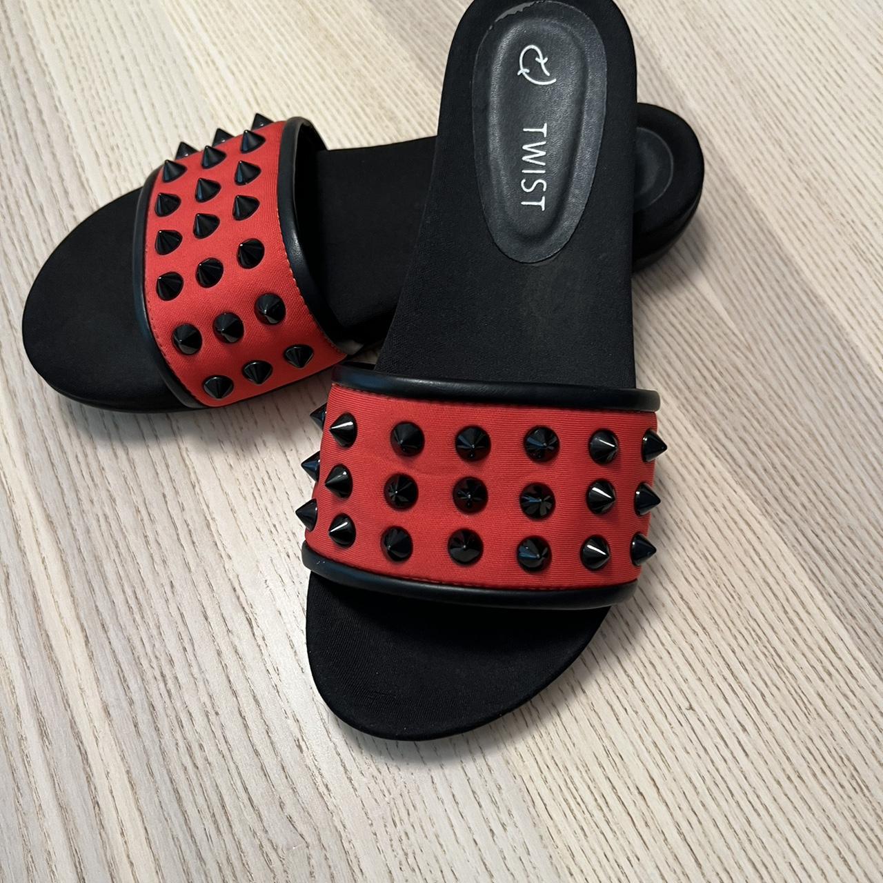 Red Slides with Black Spikes Used very good size... - Depop