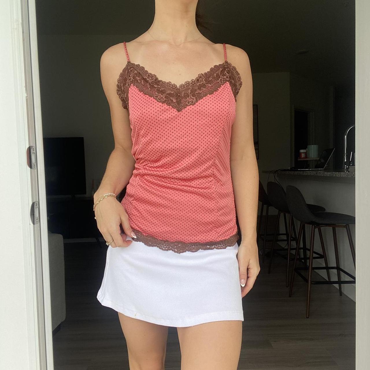 Vintage brown & pink polka dot tank top Satin... - Depop