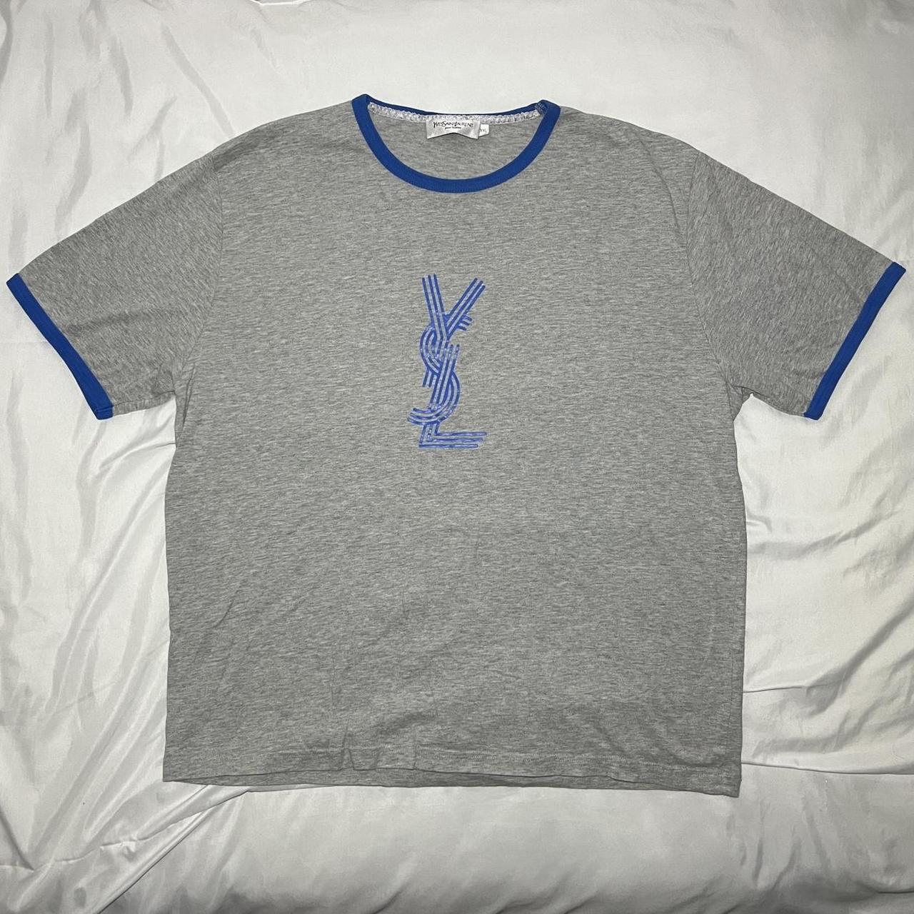 vintage ysl logo tee yves saint laurent vintage grey... - Depop
