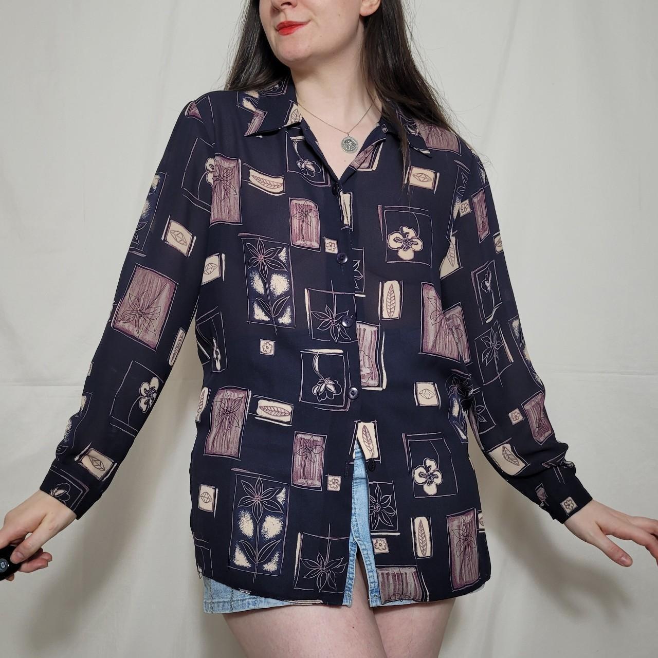 Vintage 1990s purple floral pattern sheer... - Depop