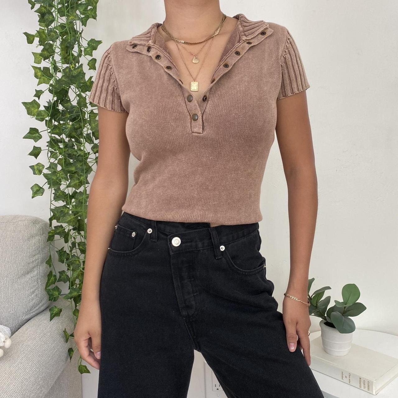 Brown Collared Top - Comfy fit - Button closure -... - Depop