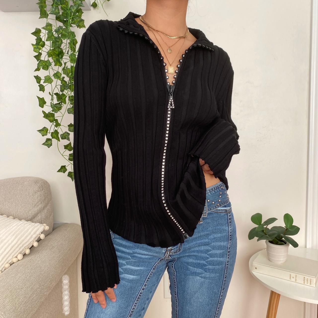 00s Belldini Black Ribbed Zip Up - Flattering fit... - Depop