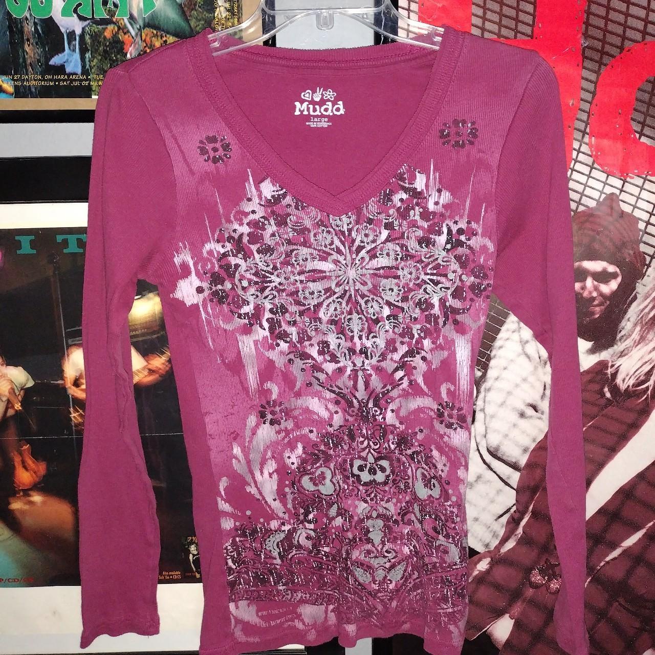 y2K mudd v neck pink thermal long sleeve... - Depop