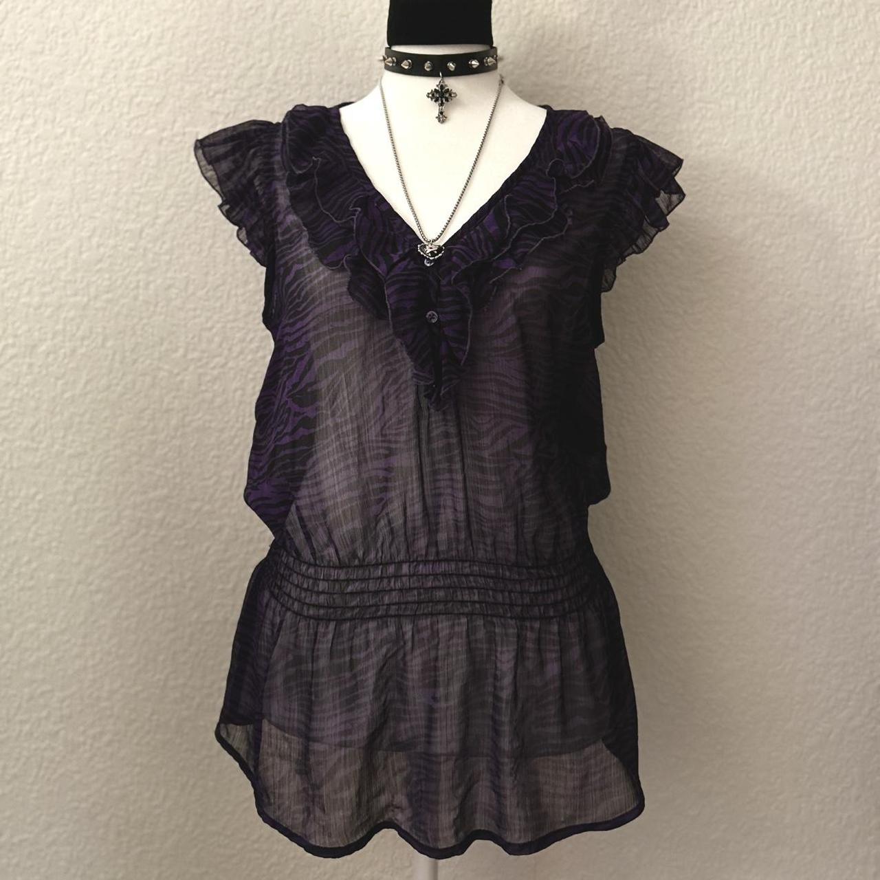 sheer black and purple ruffle blouse🖤female game... - Depop