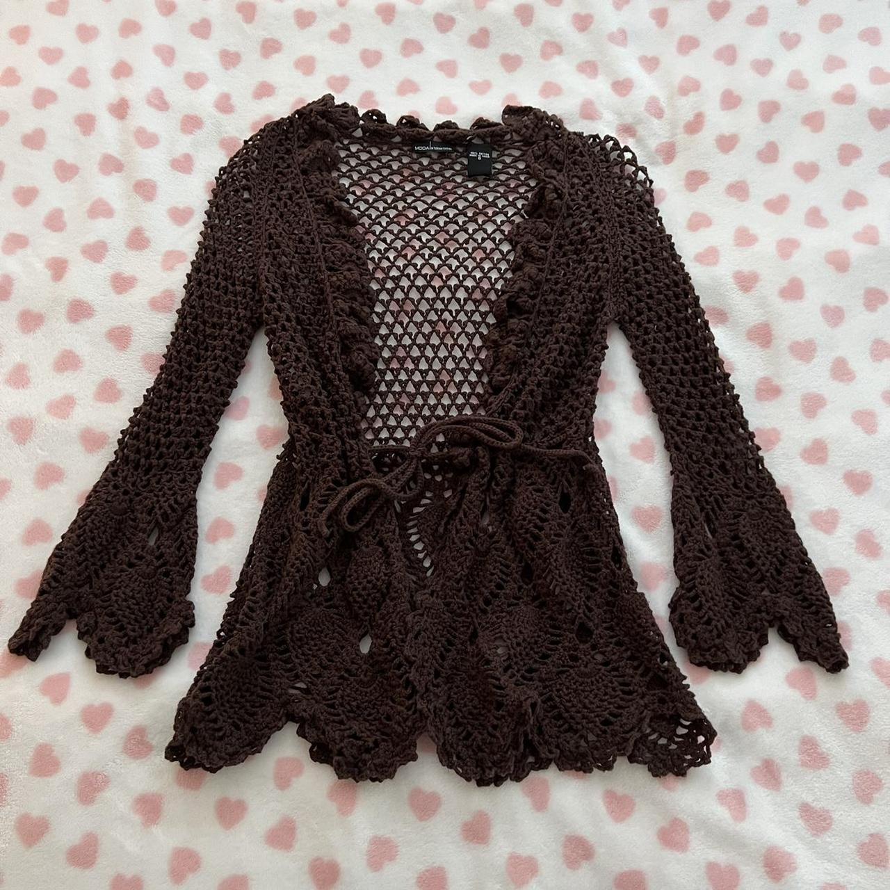 moda international crochet brown cardigan has a tie... - Depop