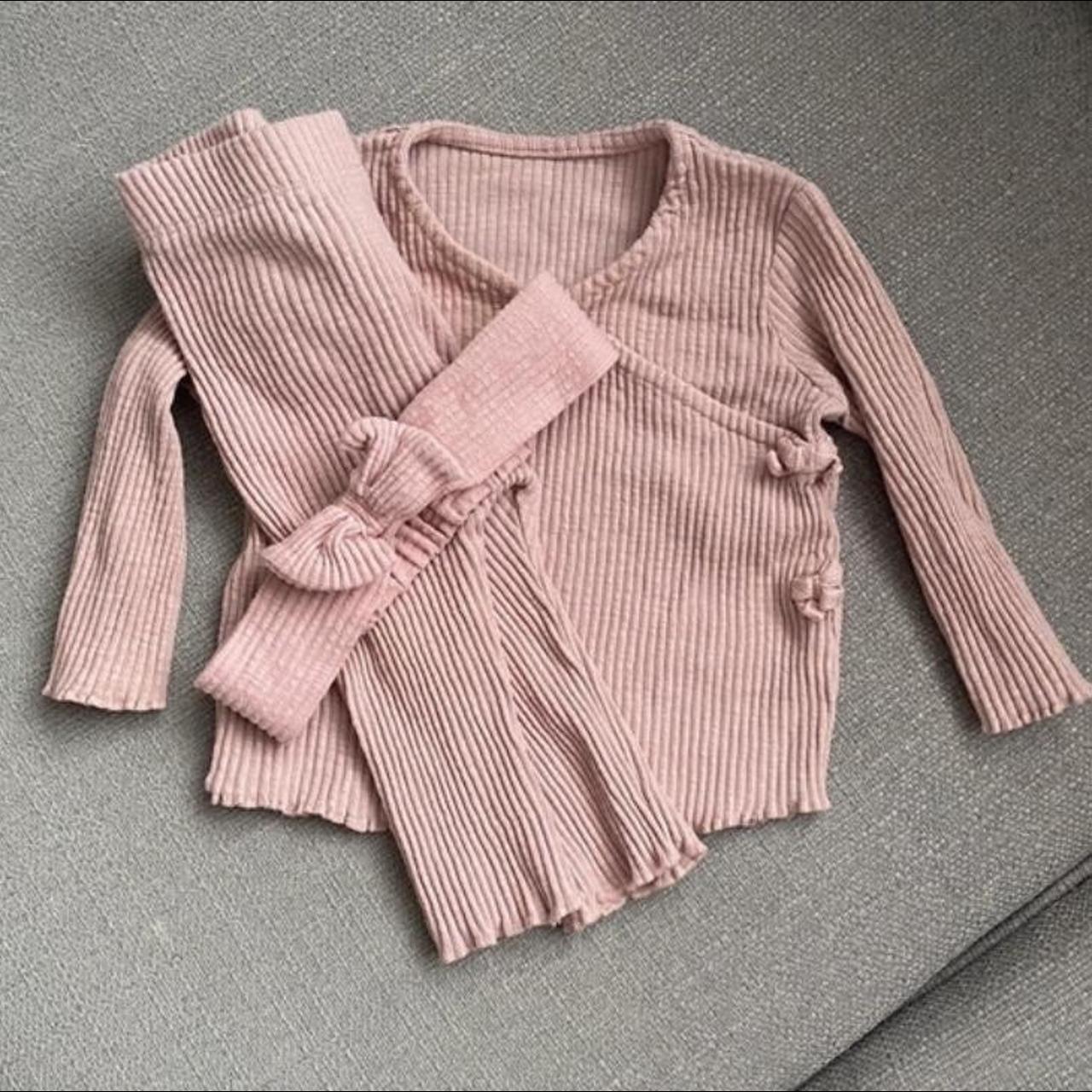 Dusky pink baby ribbed knit set Leggings with bow... - Depop