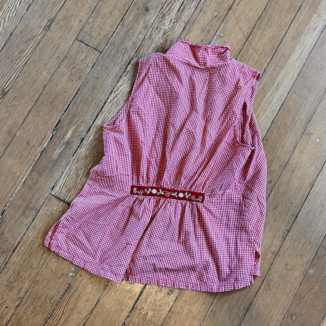 red gingham button up shirt, flower and strawberry... - Depop