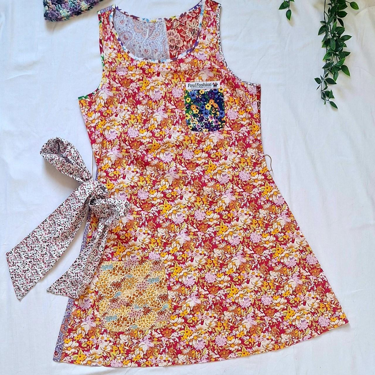 Mini patchwork floral dress with a pocket and tie... | Depop
