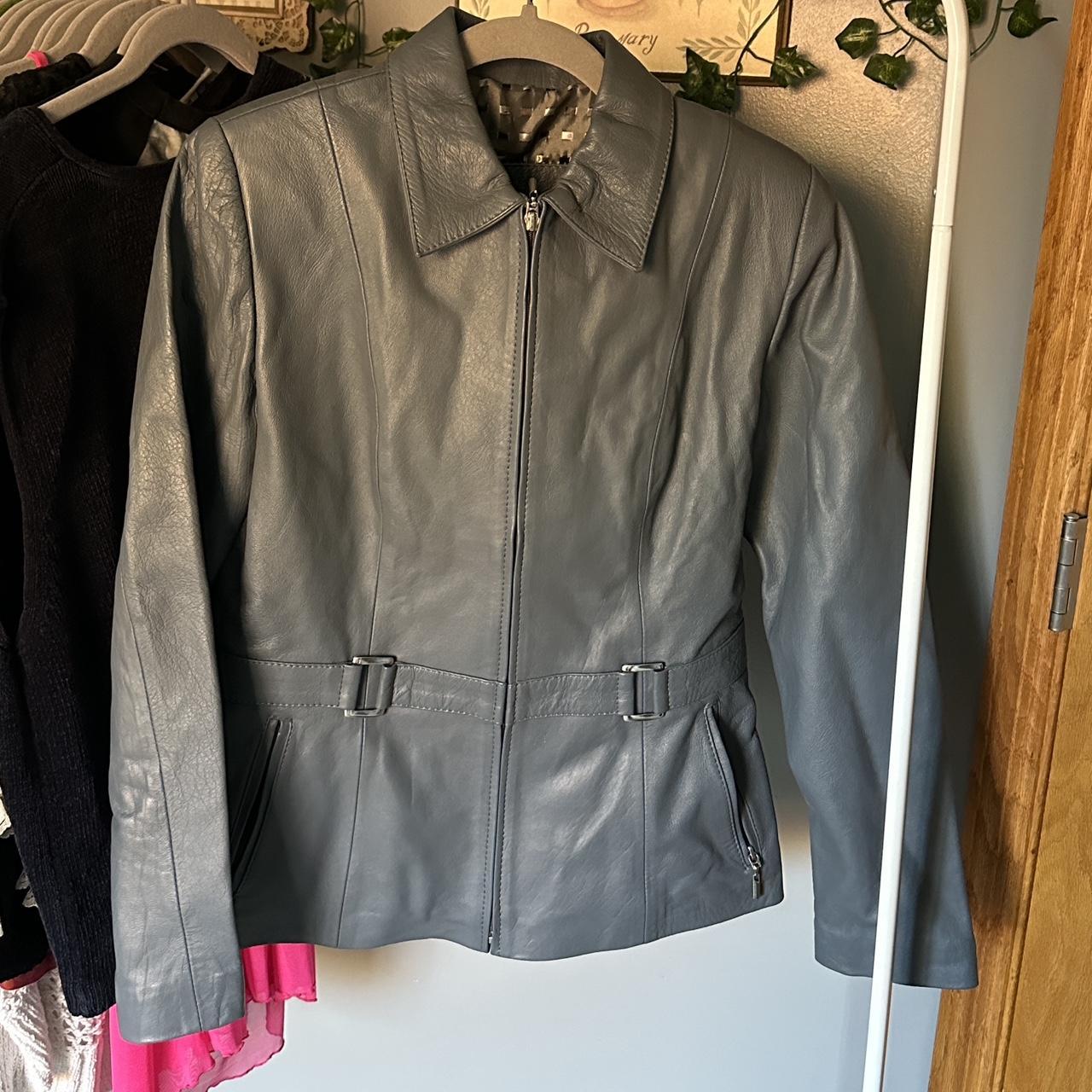 Blue grey ish leather jacket with cool buckles in... - Depop
