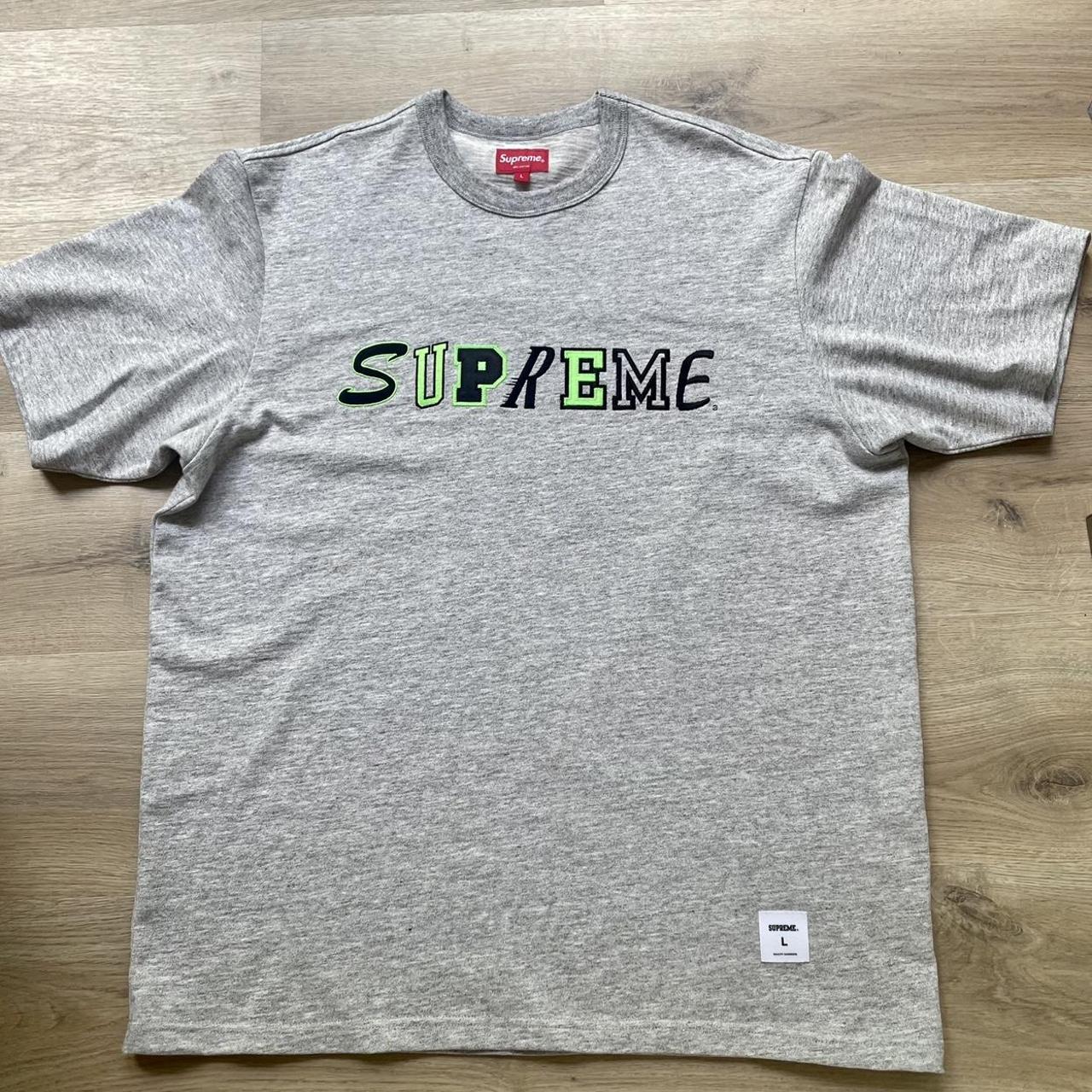 || Grey//Green Supreme Collage Spellout Logo T-Shirt... | Depop
