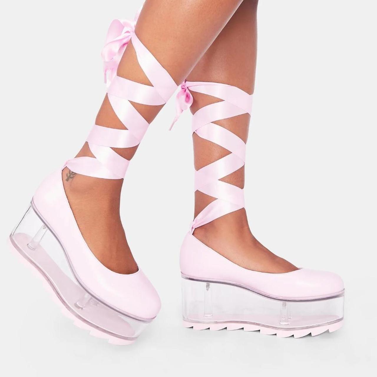 YRU SWAN pink ballet platform shoes with ribbons... - Depop