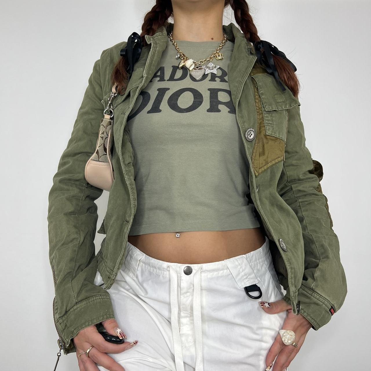 Y2k Khaki green cargo military style jacket... - Depop