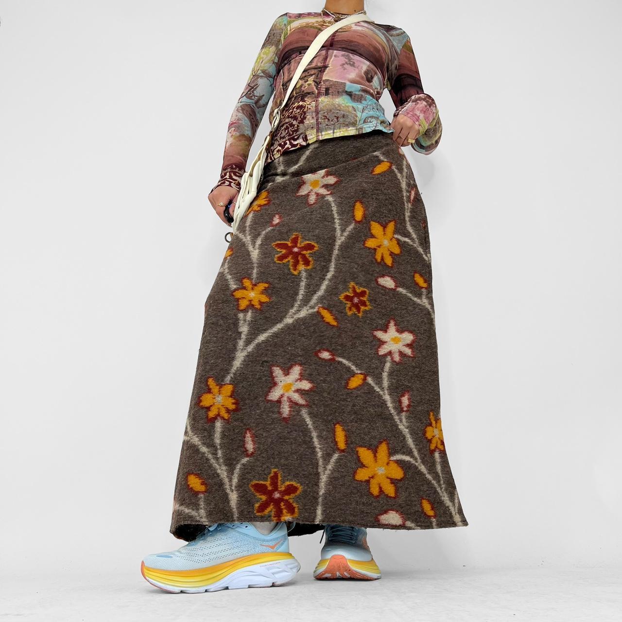 Y2k Brown orange floral soft wool maxi skirt Pretty... - Depop