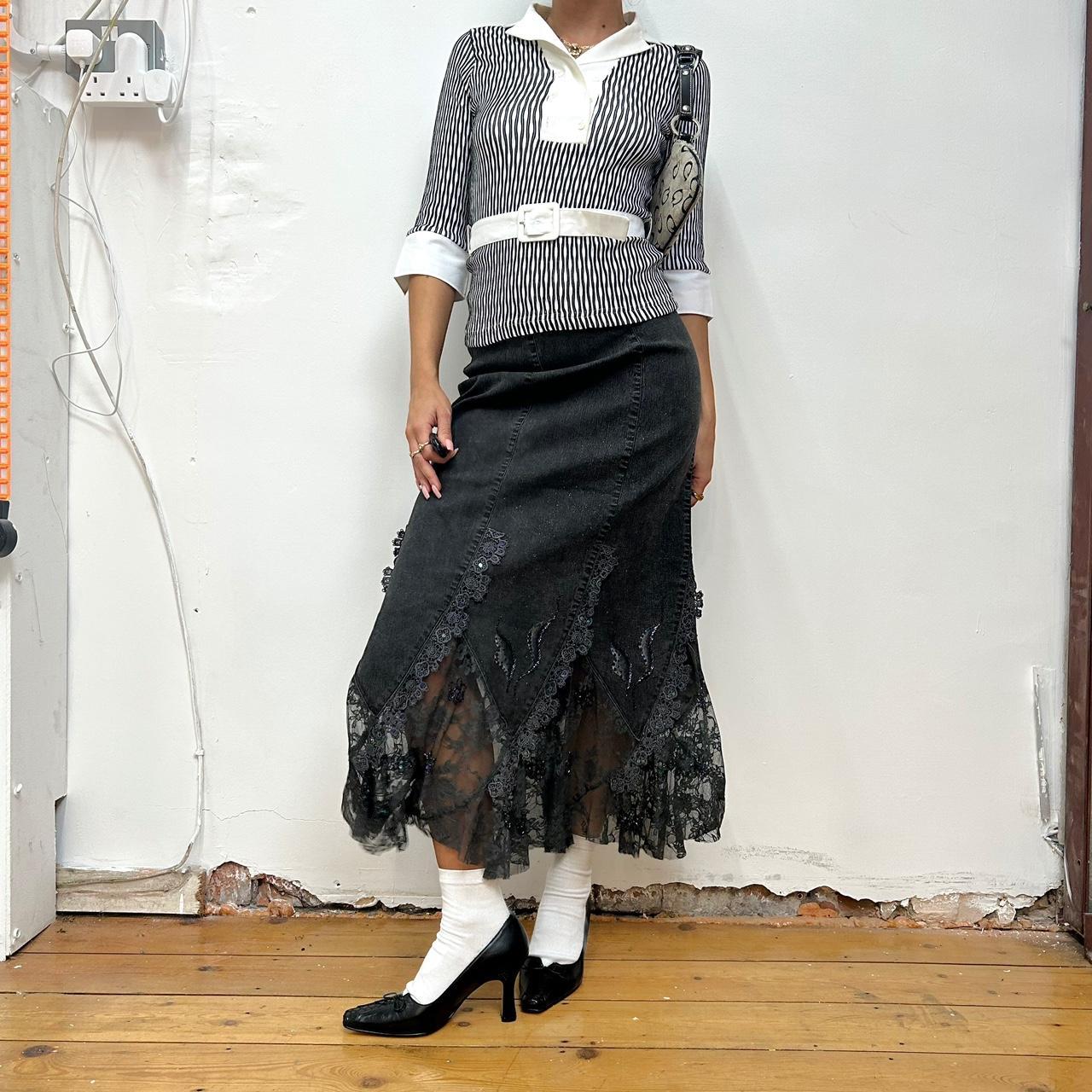 Y2k Grey black waterfall abstract lace sequinned... - Depop