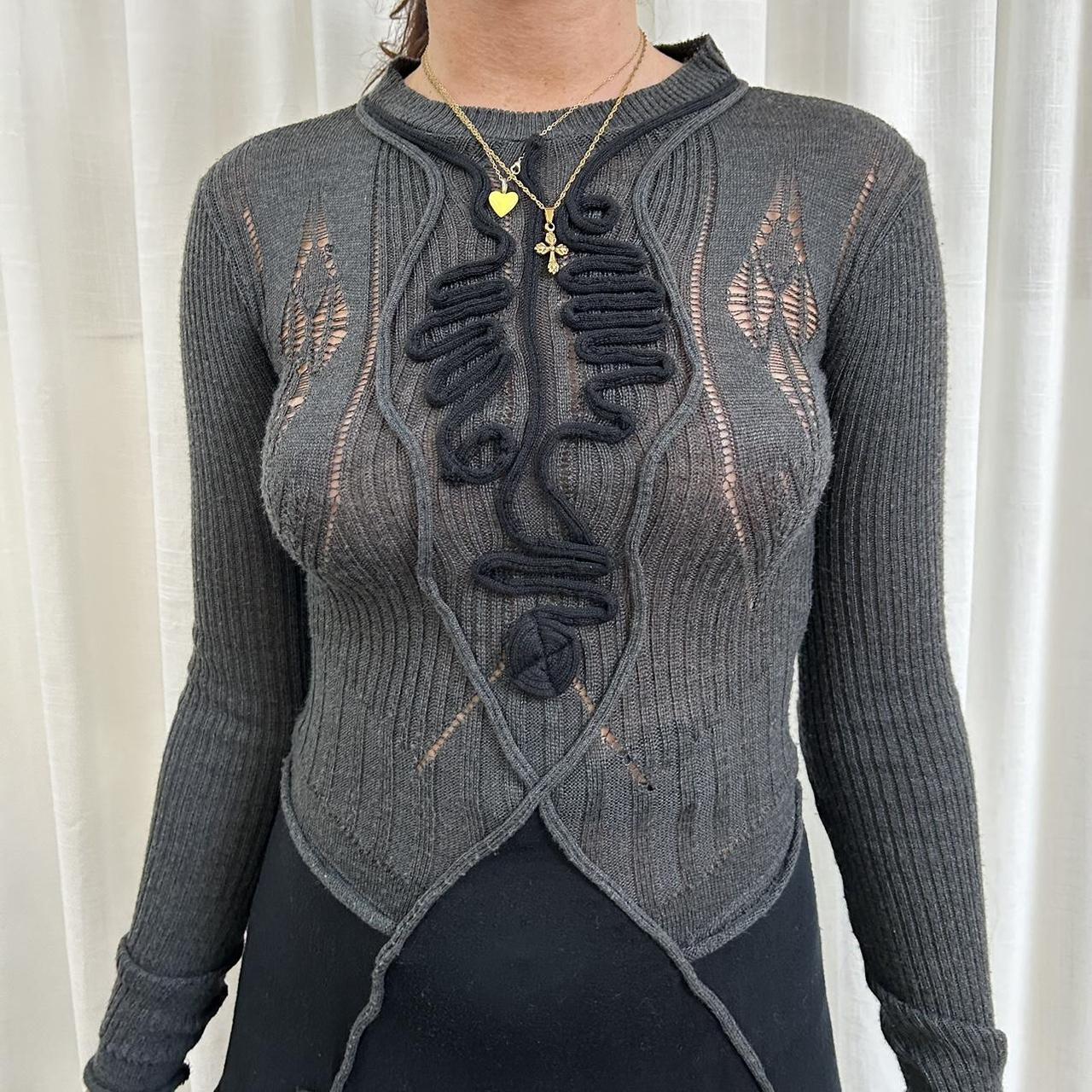 Y2k vintage grey black appliqué ribbed knit midi... - Depop
