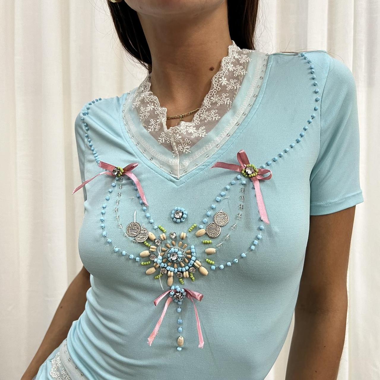 Y2k baby blue lace trim baby tee with ribbons and... - Depop