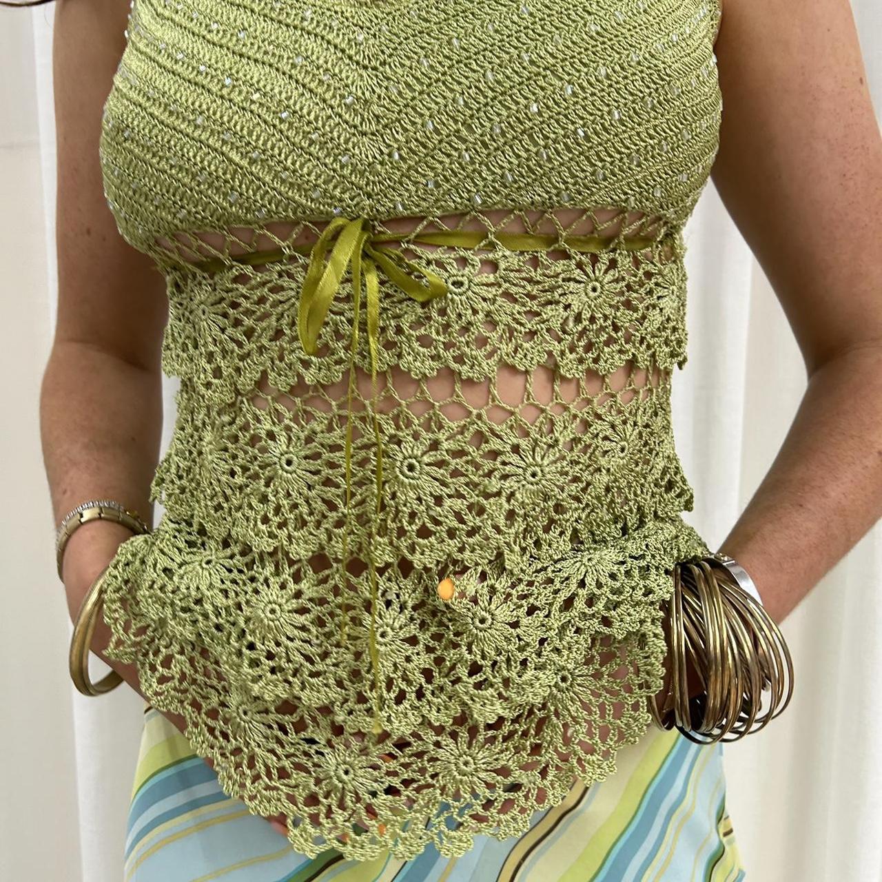 Y2k vintage sage green crochet knit tiered cami top... - Depop