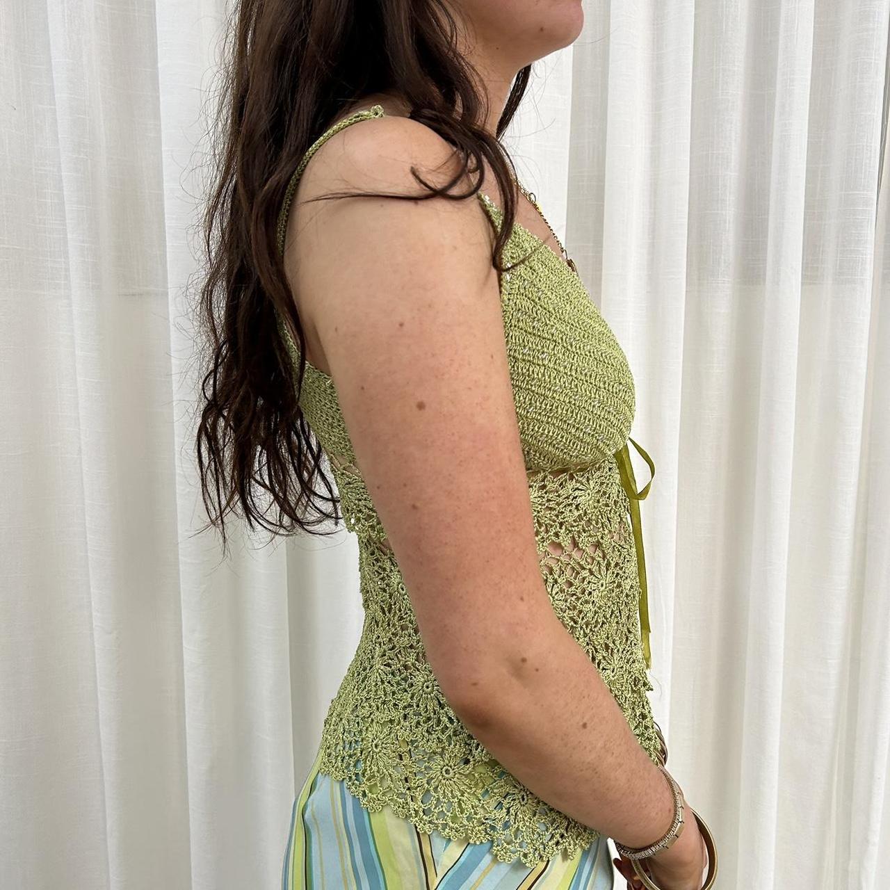 Y2k vintage sage green crochet knit tiered cami top... - Depop