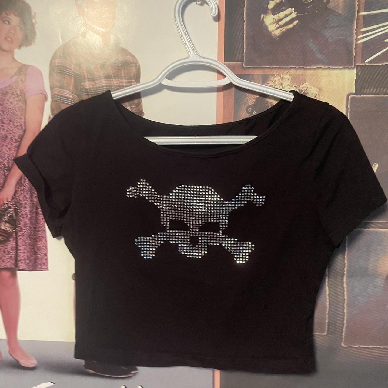 black rhinestone skull crop top size M #gothic... - Depop