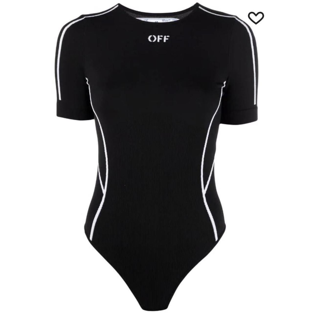 Off white black and white shirt sleeved bodysuit... - Depop