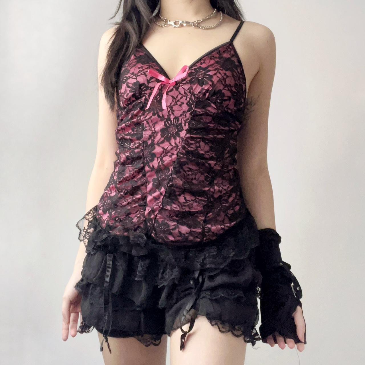 gothic emo black & pink layered floral lace camisole... - Depop