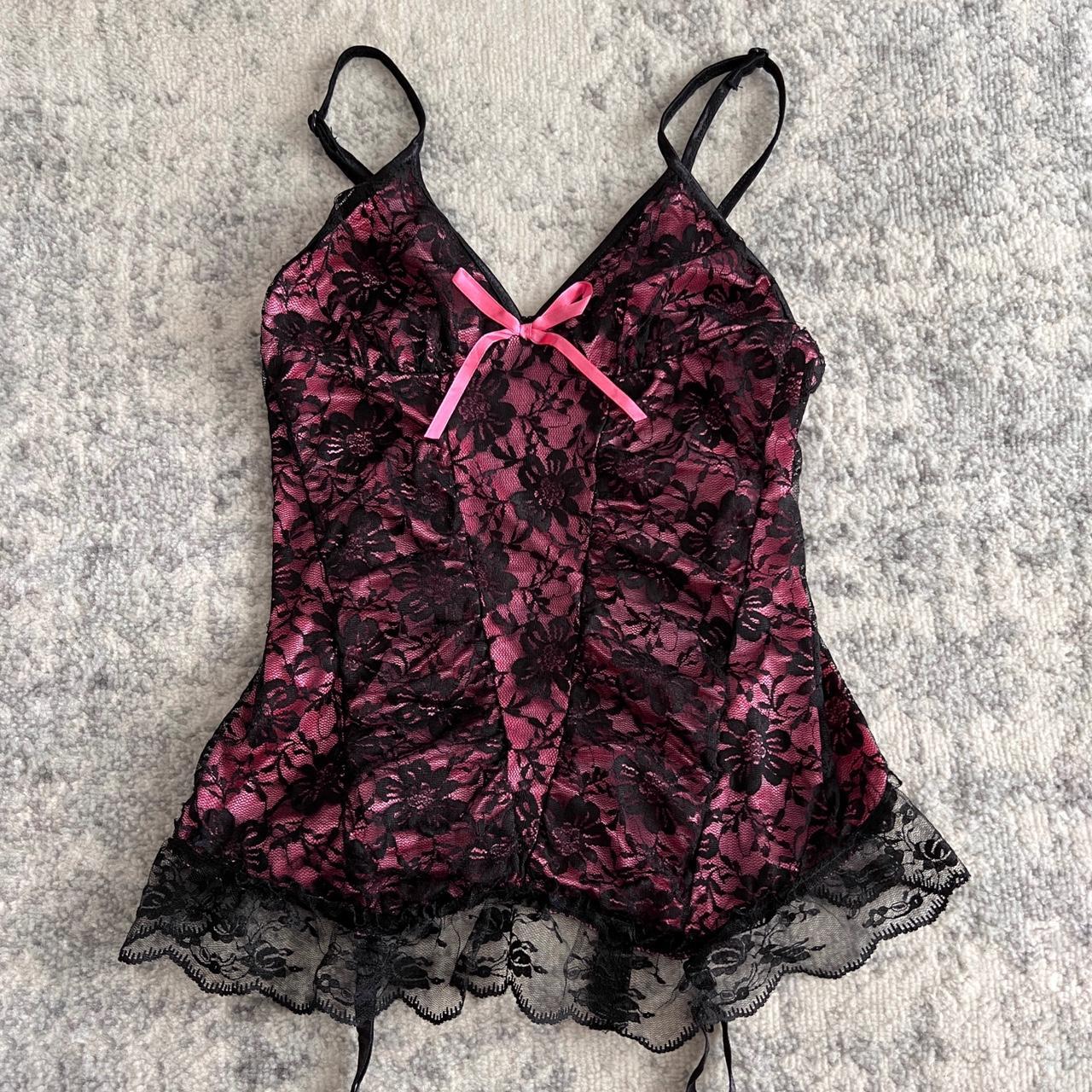 gothic emo black & pink layered floral lace camisole... - Depop