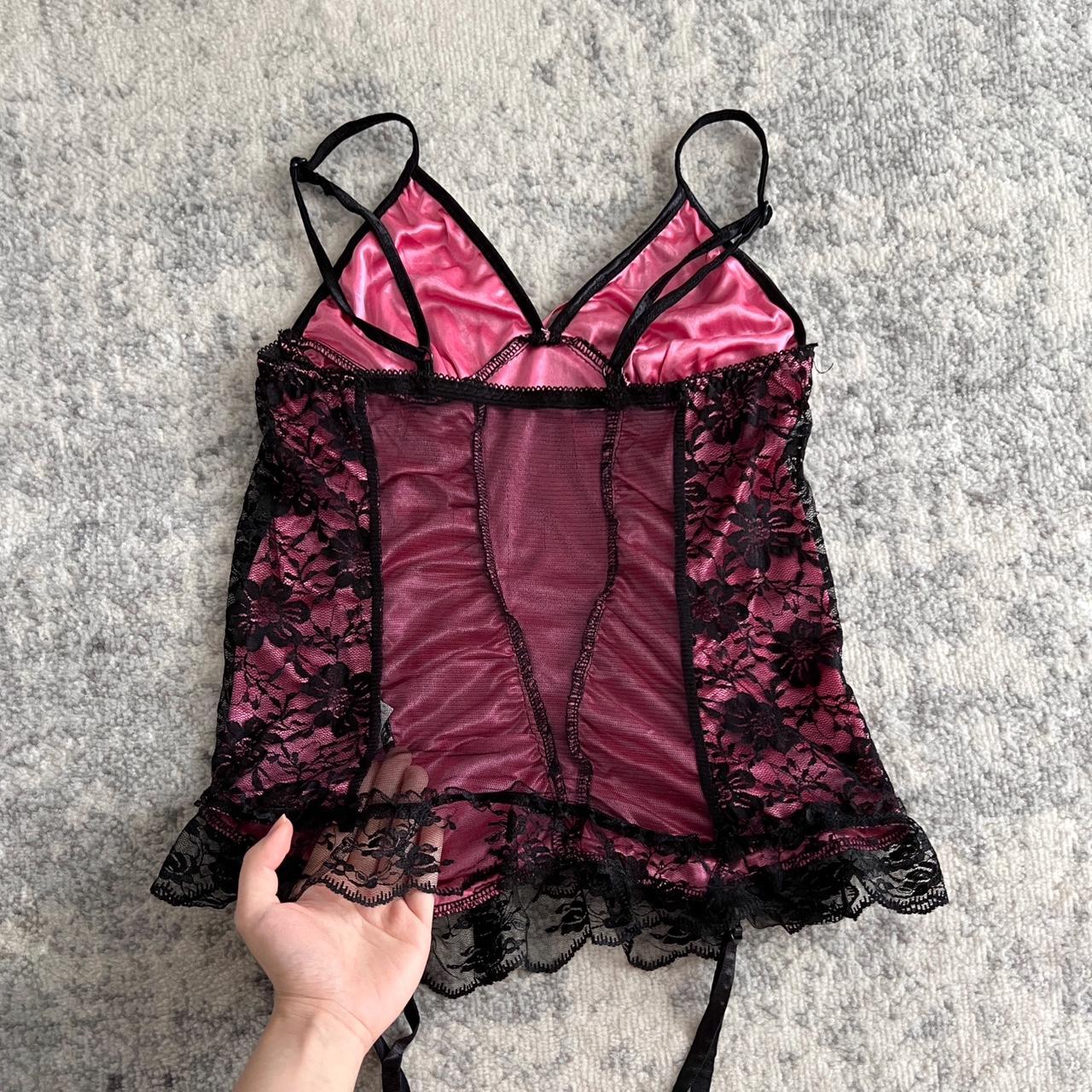 gothic emo black & pink layered floral lace camisole... - Depop