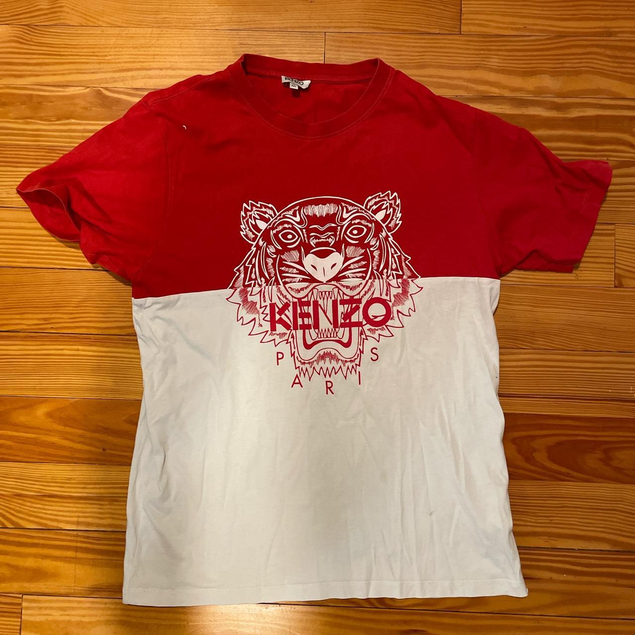 Kenzo half red and white with tiger print logo in... - Depop