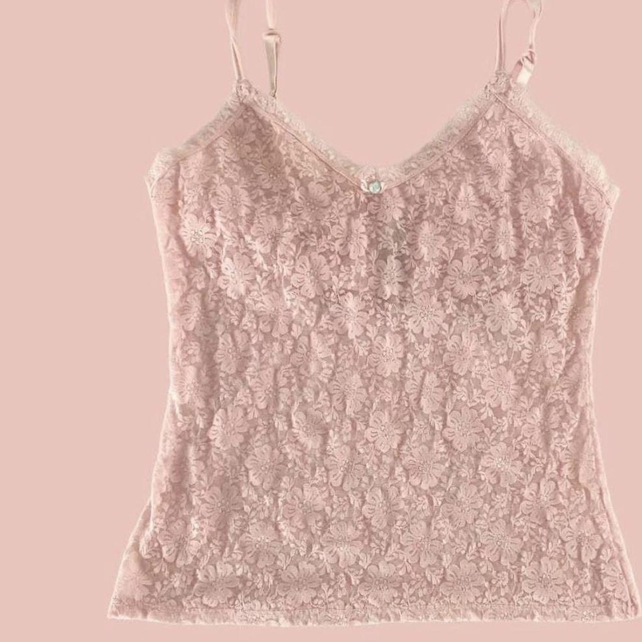 REPOP!! Pink Lacey tank with blue flower accent.... - Depop