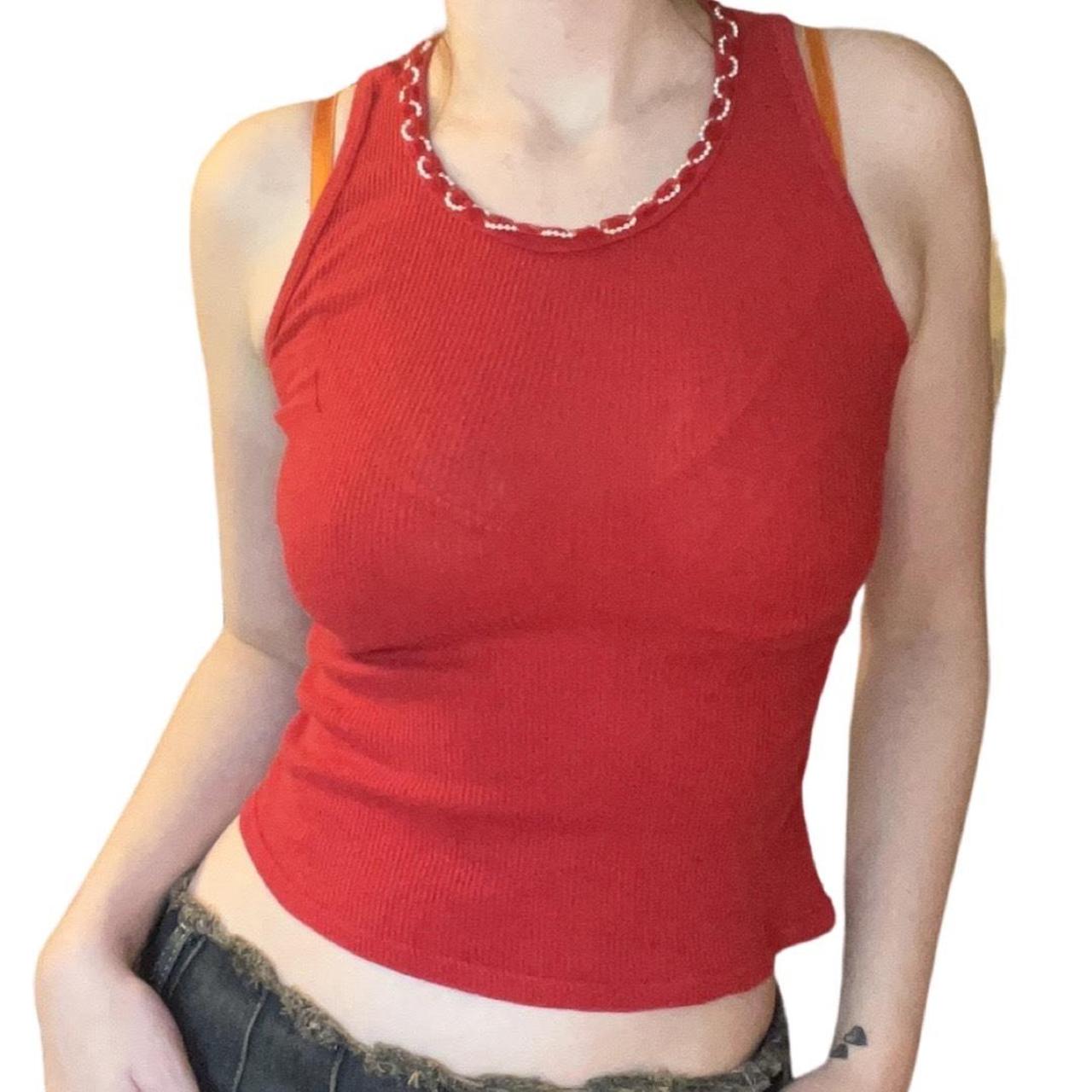 Red tank top with floral and pearl appliqué on... - Depop