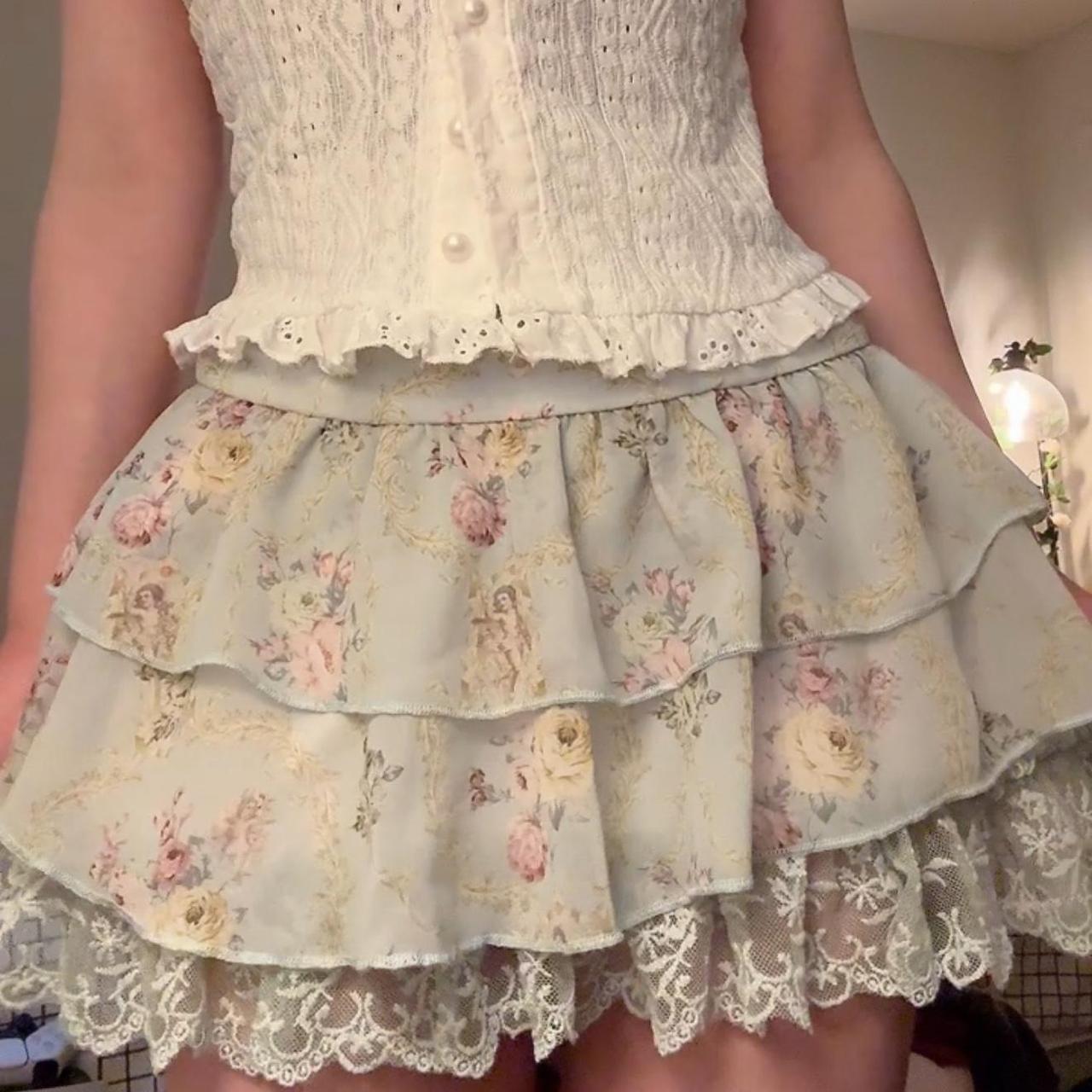ೃ༄ floral lace ruffle skirt xs but fits more... | Depop