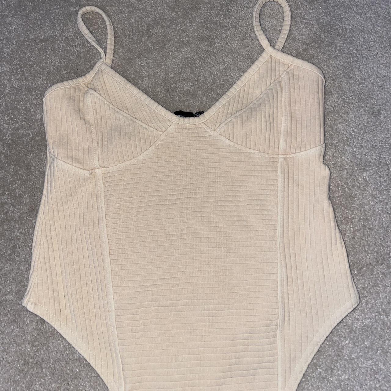 Stone ribbed thong bodysuit, worn once. - Depop