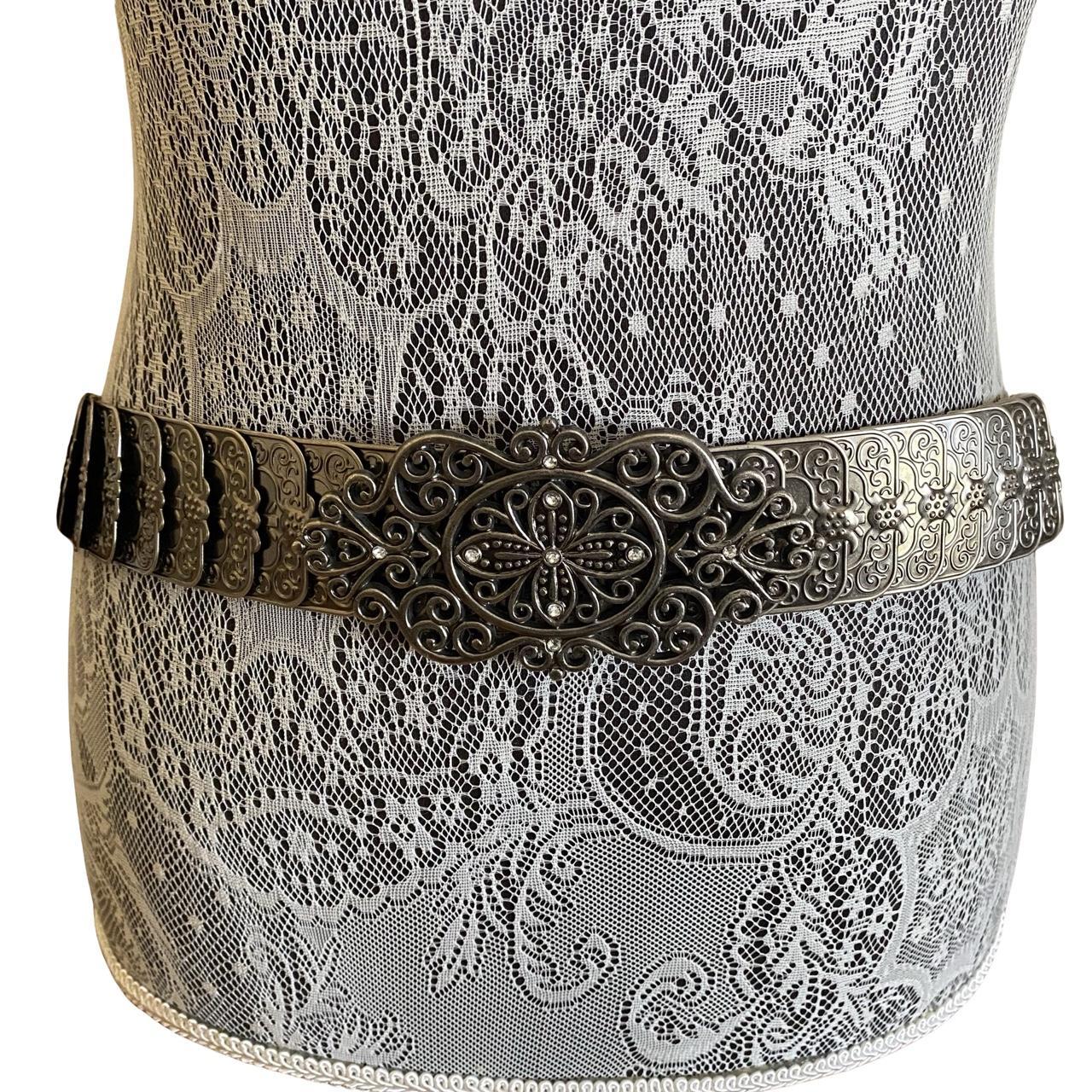 Vintage Silver Tone Metal Stretch Belt With Etched... - Depop