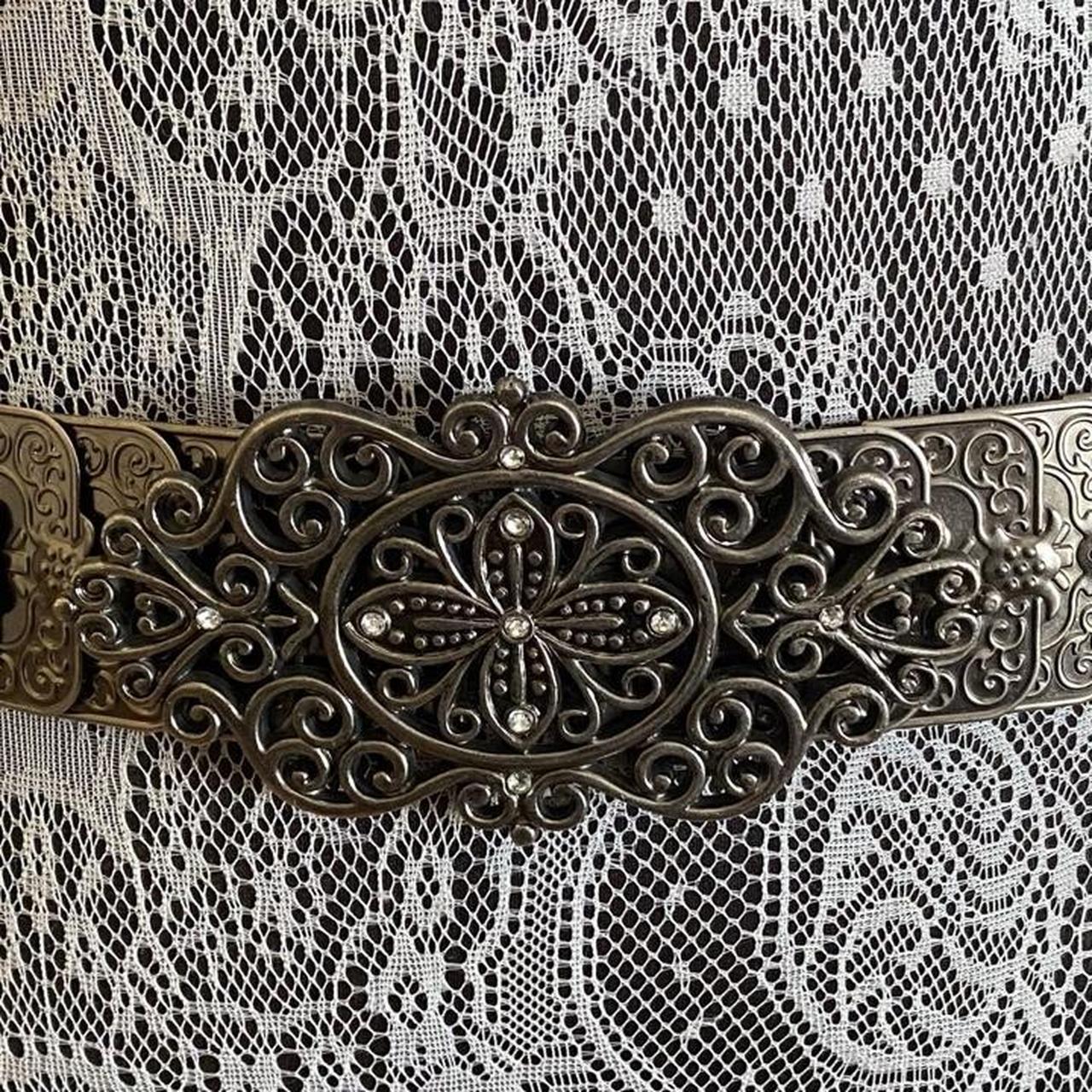 Vintage Silver Tone Metal Stretch Belt With Etched... - Depop
