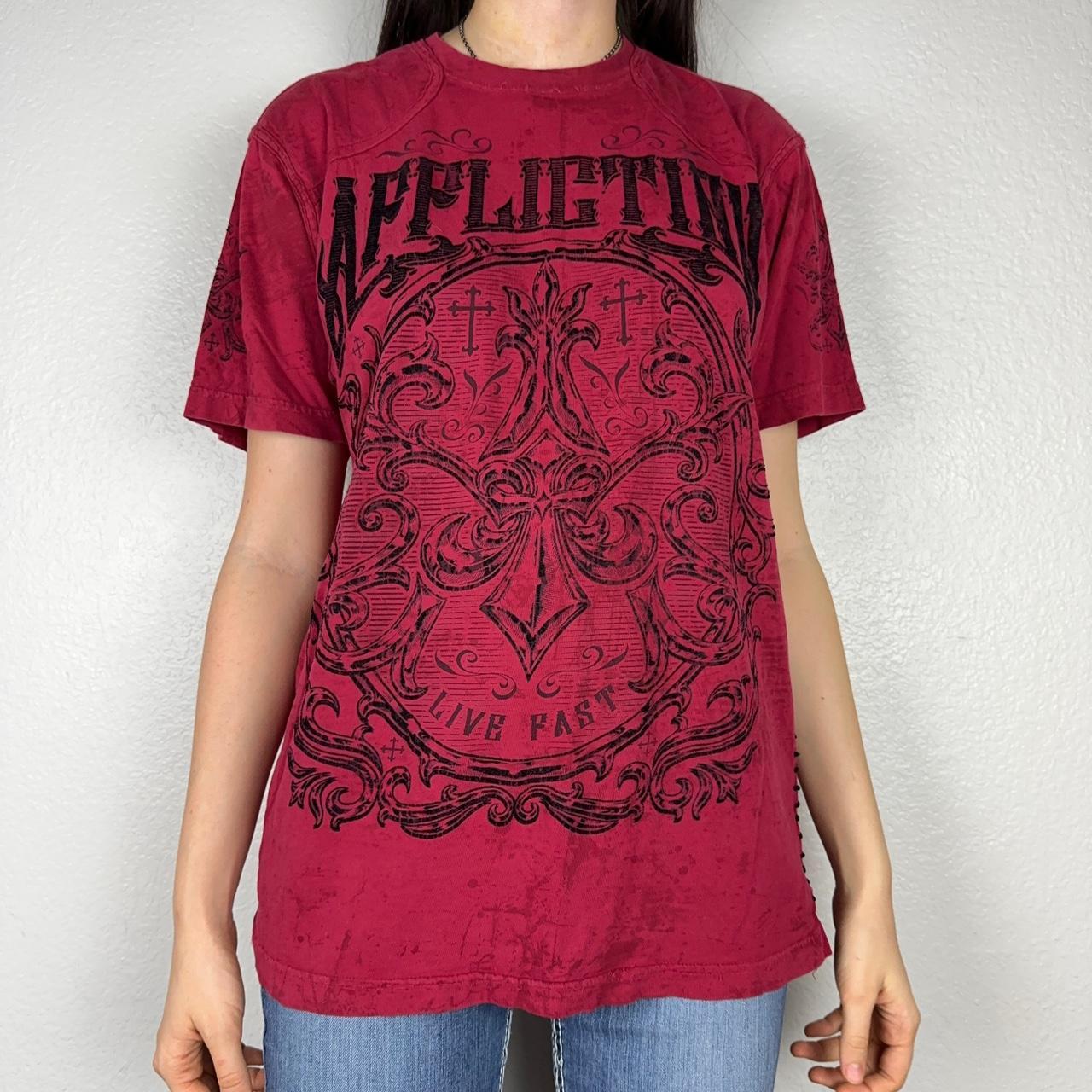 Red and black velvet mall goth grunge Affliction tee... - Depop