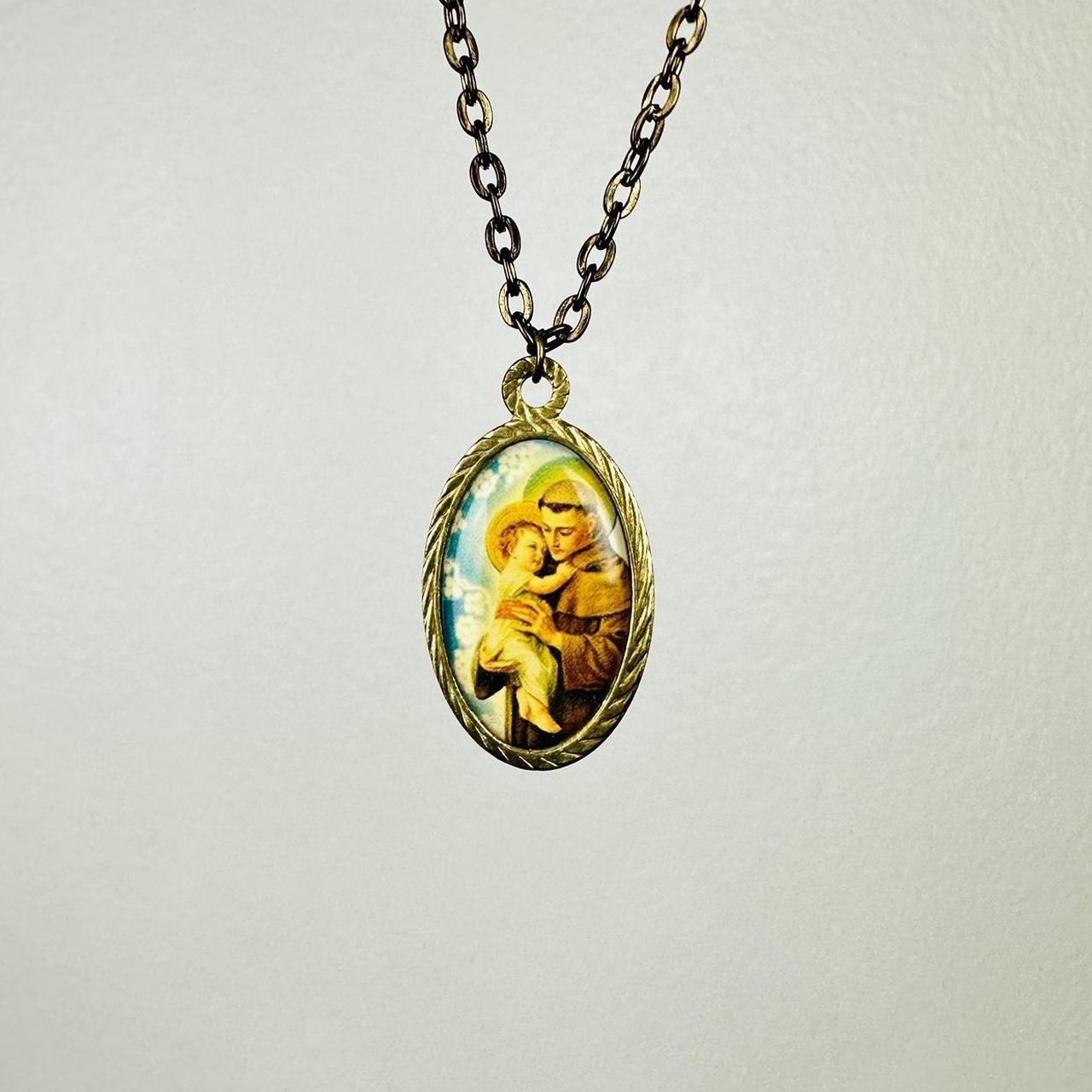 Vintage religious saint painting pendant necklace.... - Depop