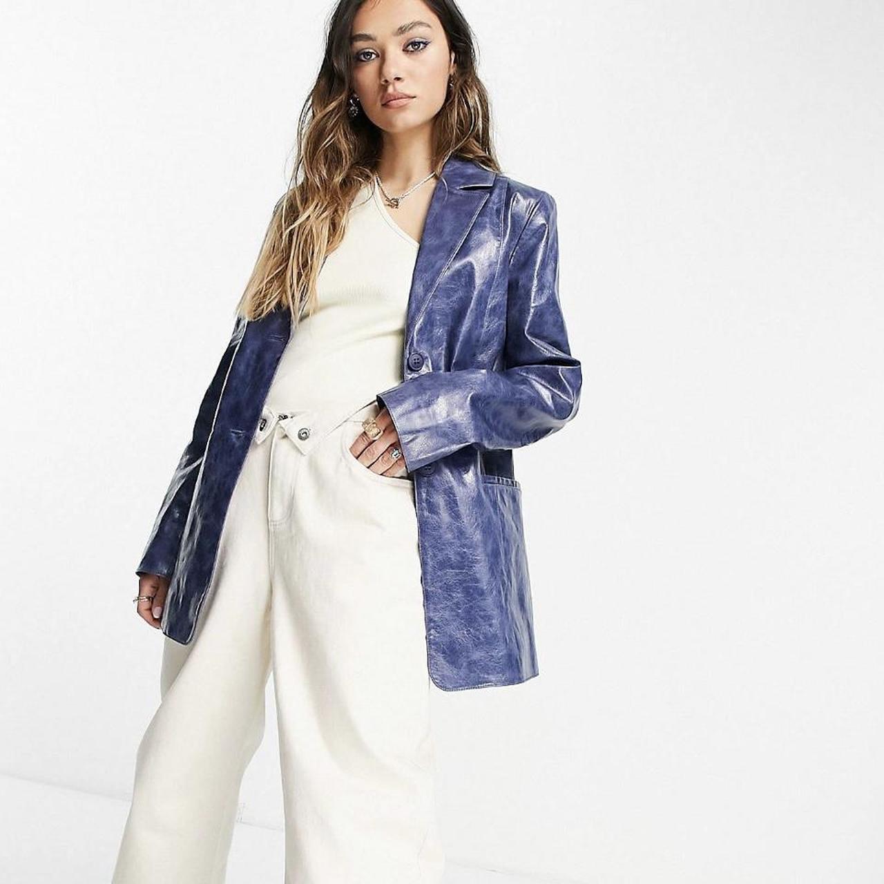 Weekday faux leather blazer in blue size 10 - Depop