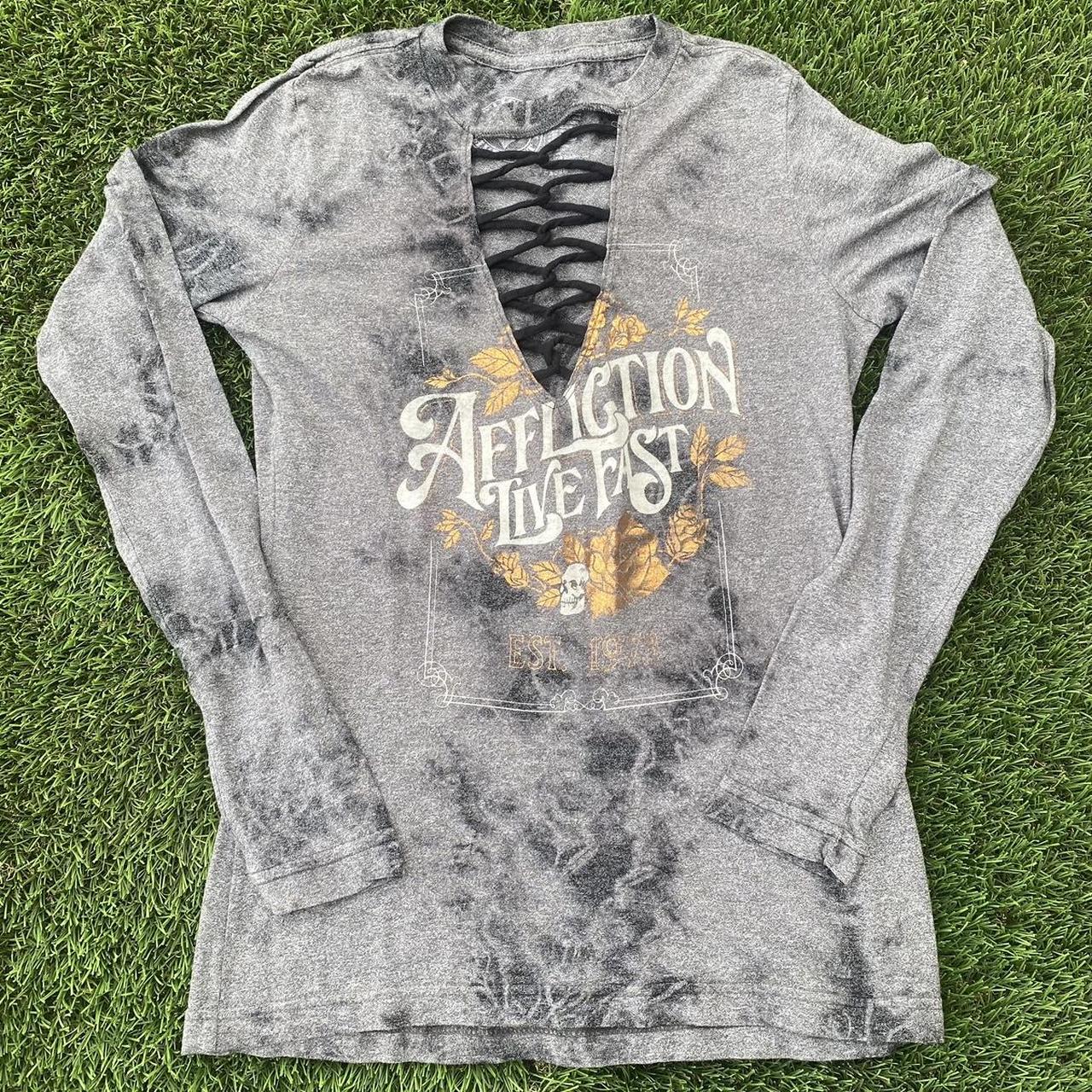 Affliction print women’s small long sleeve shirt... - Depop