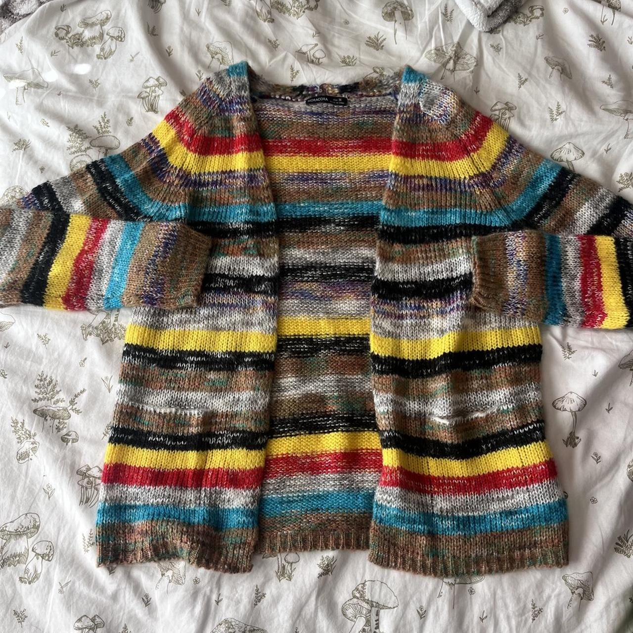 Multicolor cardigan labeled a size medium and fits... - Depop