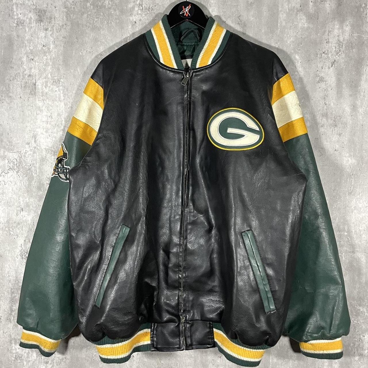 1990s Green Bay Packers NFL leather Varsity Jacket... - Depop