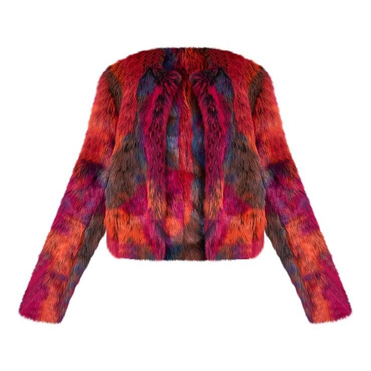 Multicolour faux fur coat Size 6 - Depop