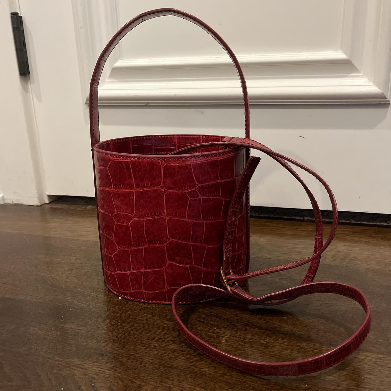Staud red leather crocodile embossed bucket bag with... - Depop